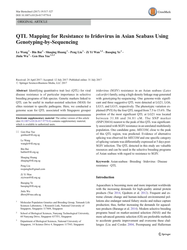 QTL Mapping For Resistance To Iridovirus in Asian Seabass Using ...