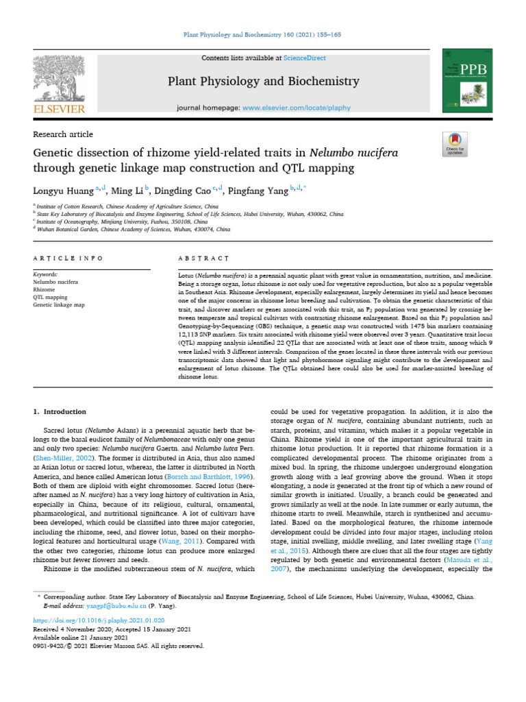 Genetic Dissection of Rhizome Yield-related Traits in Nelumbo Nucifera Through Genetic Linkage ...