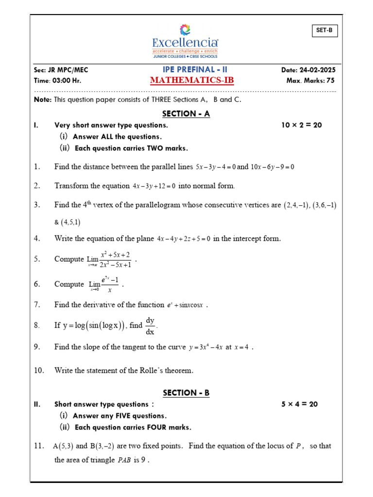 02-JR Maths-Ib - Pre Final-Ii - Ipe - Set-B (24-02-2025) | PDF ...