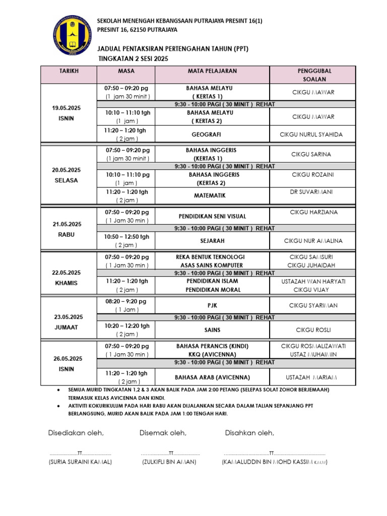 Jadual Pentaksiran Pertengahan Tahun (PPT) Tingkatan 2 Sesi 2025 | PDF