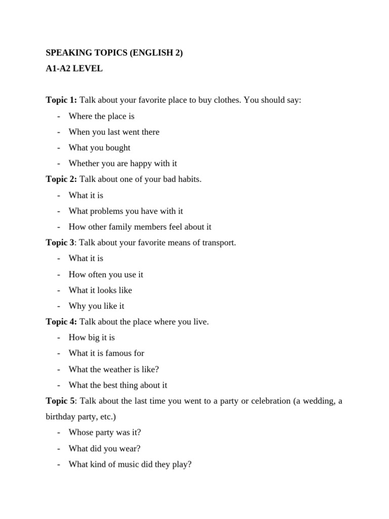 A1-A2 Speaking Topics - English 2 | PDF