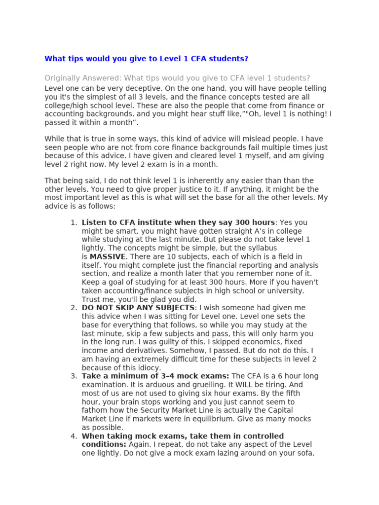What Tips Would You Give To Level 1 CFA Students | PDF | Standard Score