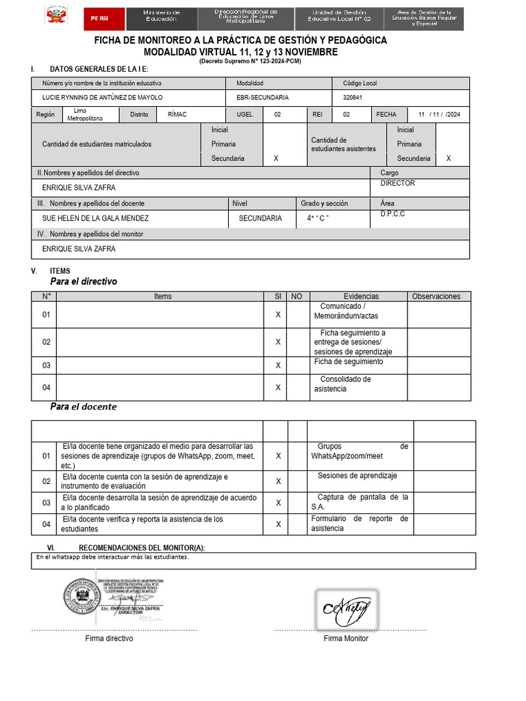 FICHA DE MONITOREO - CLASES MODALIDAD VIRTUAL-APEC de La Gala 4C | PDF | Aprendizaje