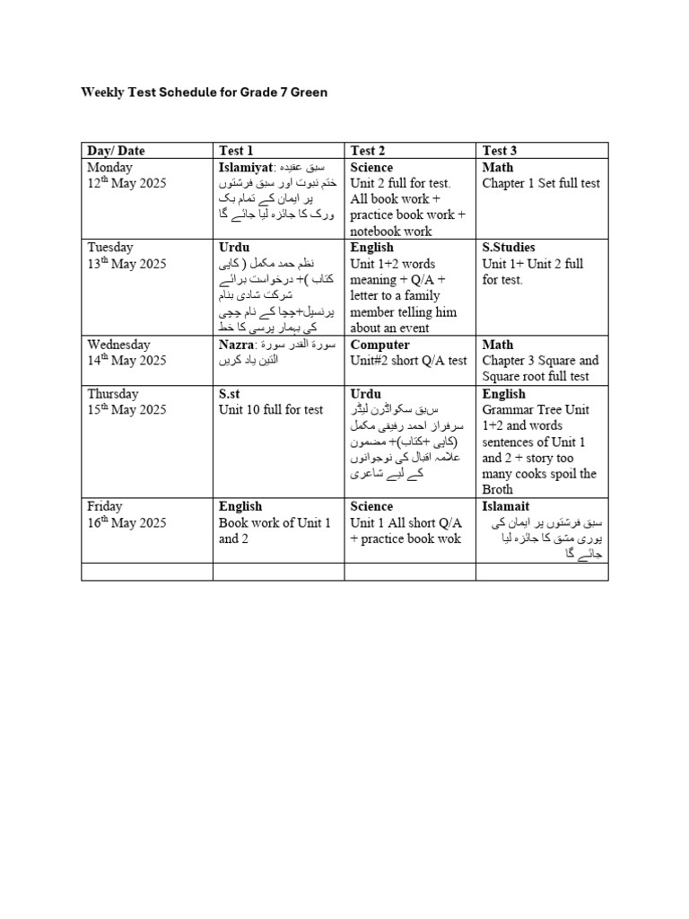 Test Schedule Grade 7 Green | PDF
