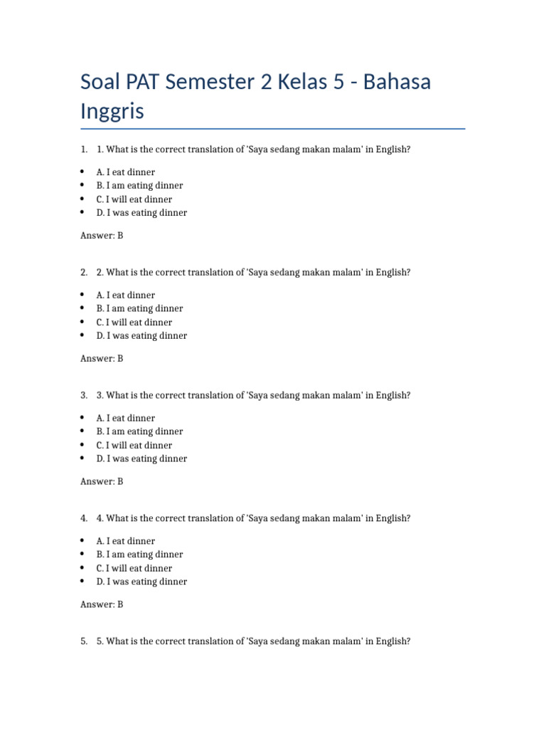 Soal PAT Bahasa Inggris Kelas 5 | PDF | Dinner | Meal