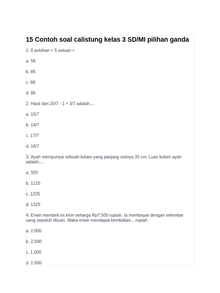 15 Contoh Soal Calistung Kelas 3 | PDF
