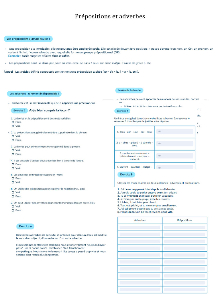 Leçon Et Exercices - Prépositions Et Adverbes | PDF