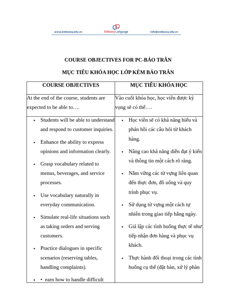 Course Objectives for Class Pc_bảo Trân | PDF