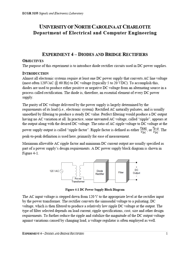 ECGR3155-EXPERIMENT-4-DIODES-AND-RECTIFIERS_06142019 | PDF | Rectifier | Power Supply