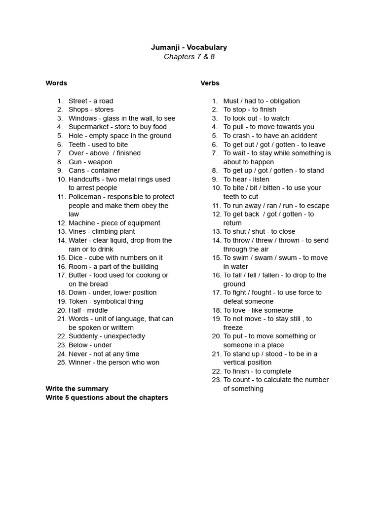 Jumanji - Vocabulary 7 & 8 | PDF