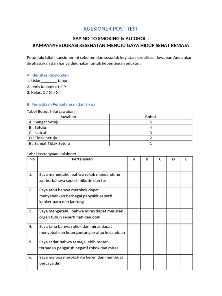 Kuesioner Pre and Post Test | PDF