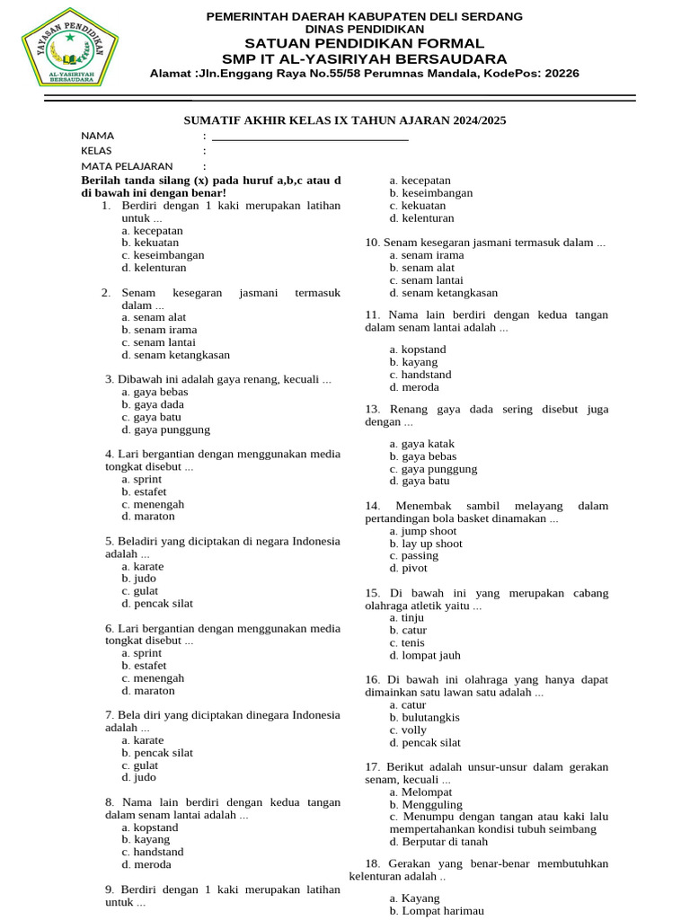 Sumatif Akhir Kelas Ix Tahun Ajaran 20242025 | PDF