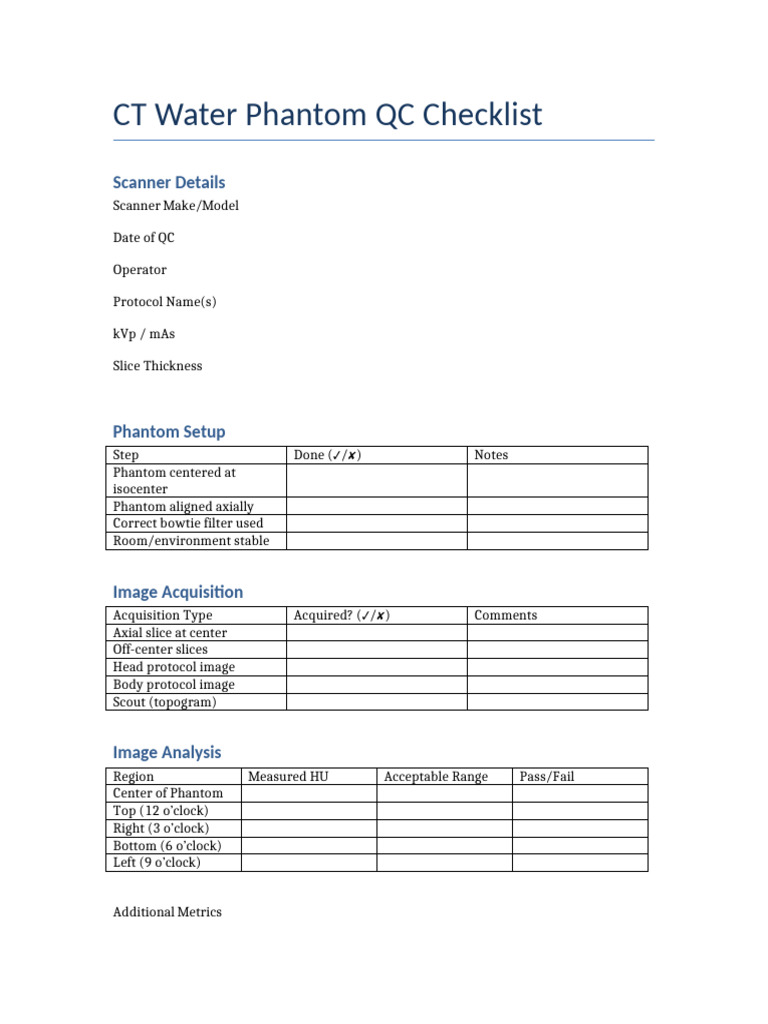 CT Water Phantom QC Checklist | PDF
