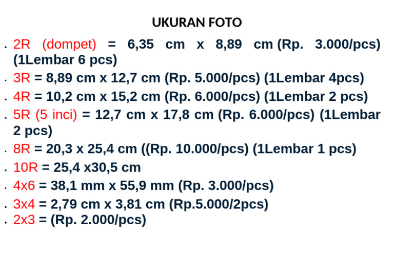 Ukuran dan Harga Foto Berdasarkan Jenis | PDF