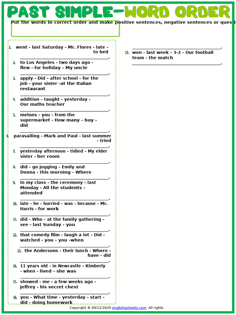 Past Simple Tense Esl Printable Word Order Exercise Worksheet | PDF