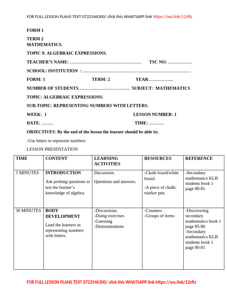 Mathematics Lesson Plans Form 1 2 3 4 Sample | PDF | Lesson Plan ...
