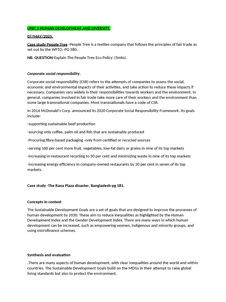 UNIT_5_HUMAN_DEVELOPMENT. GEOGRAPHY NOTES | PDF | Corporate Social ...