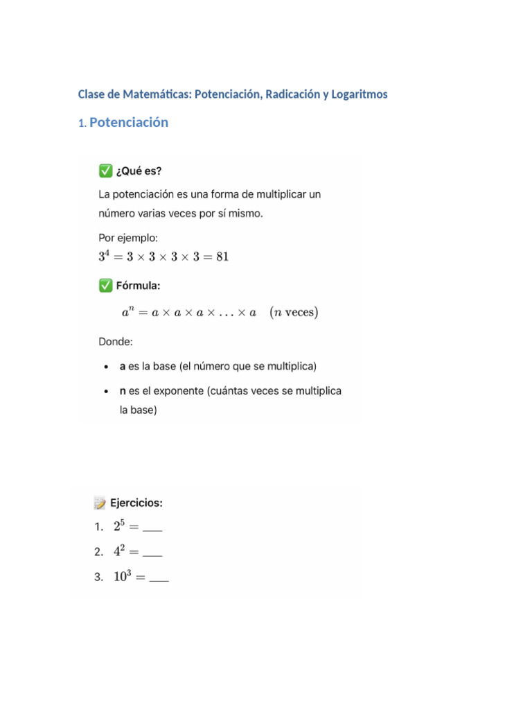 Clase Matematicas Potenciacion Radicacion Logaritmos | PDF