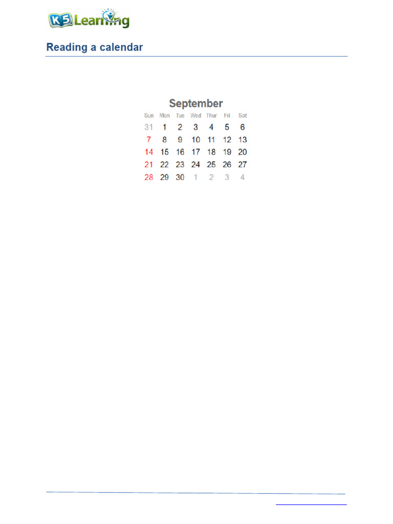 Calendar Reading for Third Graders | PDF