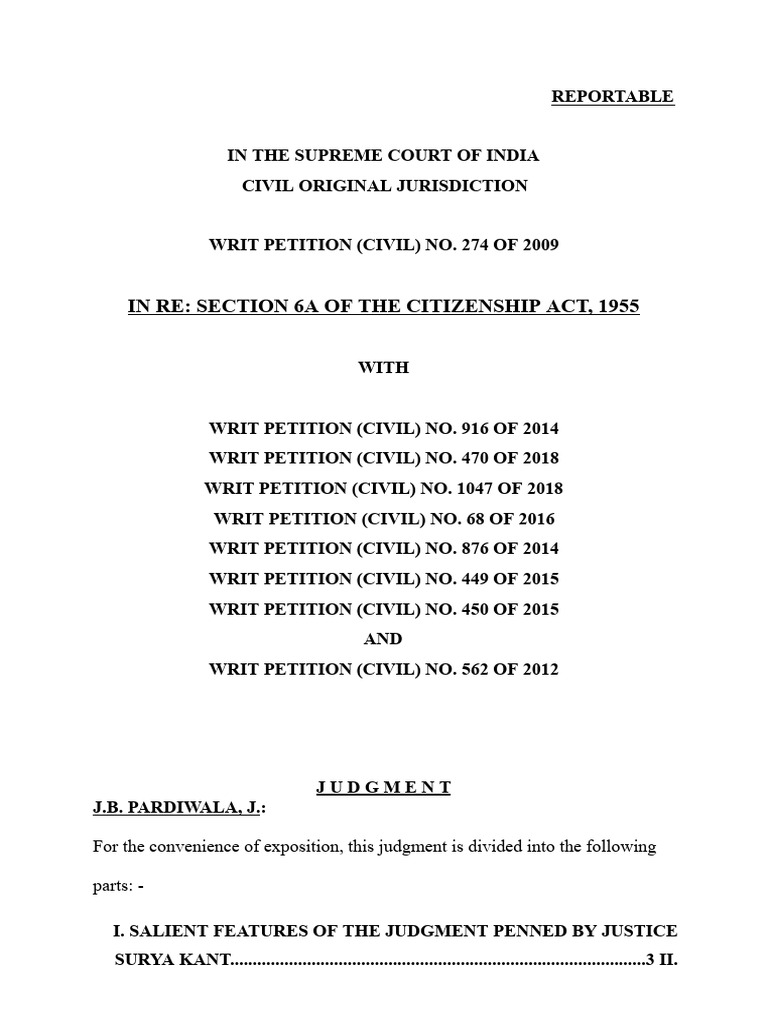 JB Pardiwala Dissent Judgement Upholding Section 6A of The Citizenship ...
