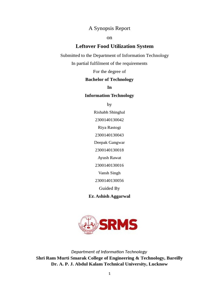 Food Waste Management Synopsis For The Rooject | PDF | Sustainability ...