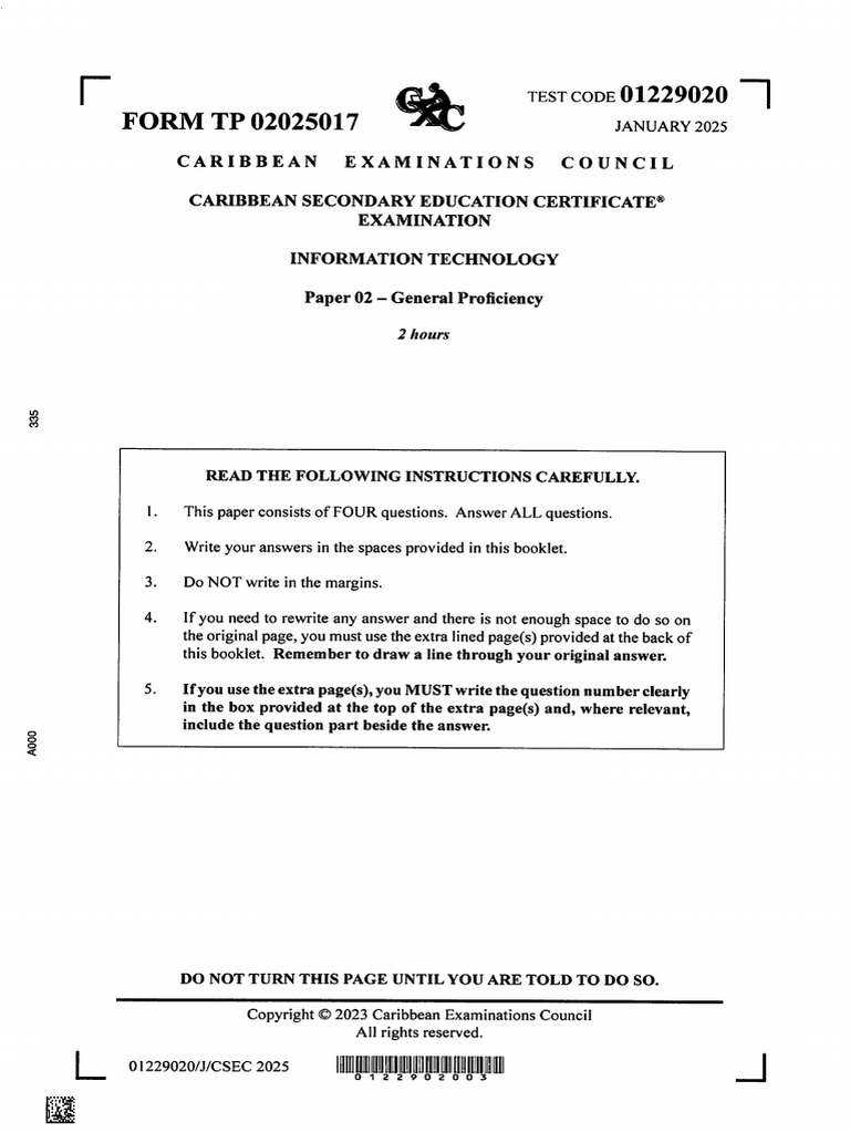 CSEC Information Technology January 2025 P2 Answer Sheett | PDF ...
