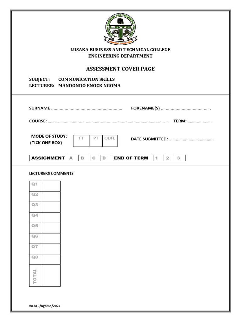 Comm Skills Assessment Cover Page | PDF