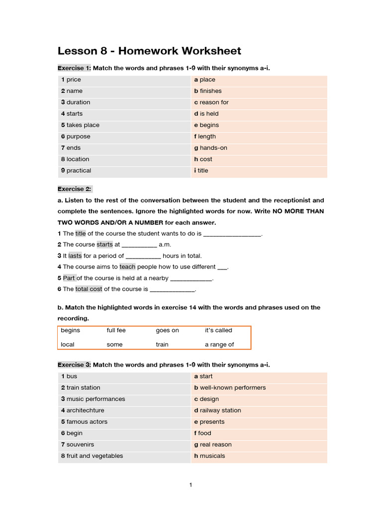Lesson 8 - Homework Worksheet | PDF