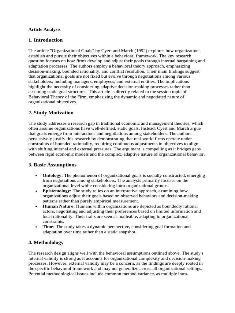 Article Analysis Organizational Goals by Cyert and March S5 RR1 | PDF ...