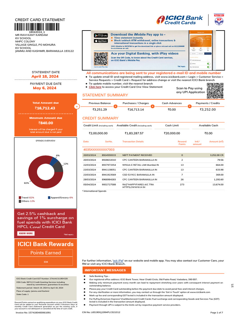 ICICI Bank Credit Card Statement Overview | PDF | Credit Card | Payments