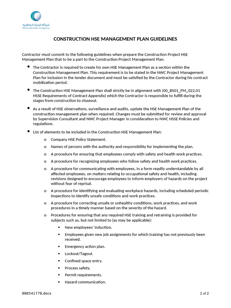 PMF-017-HSE-232 - 02 Construction HSE Management Plan Guidelines | PDF | Occupational Safety And ...