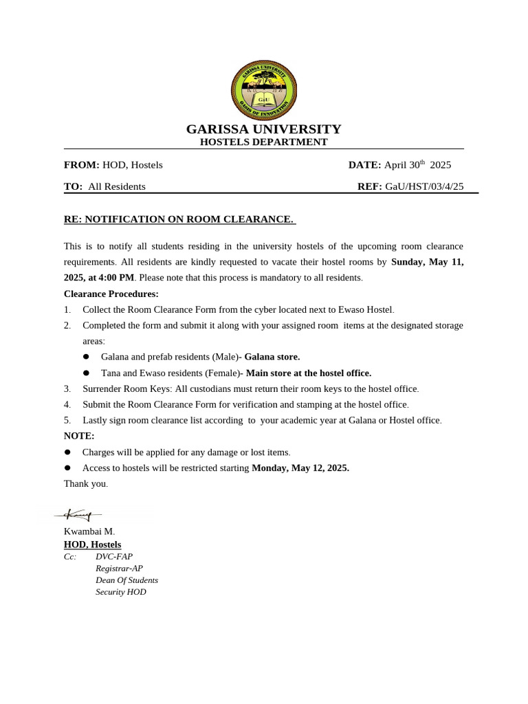 Hostel Clearance Memo May, 2025 | PDF