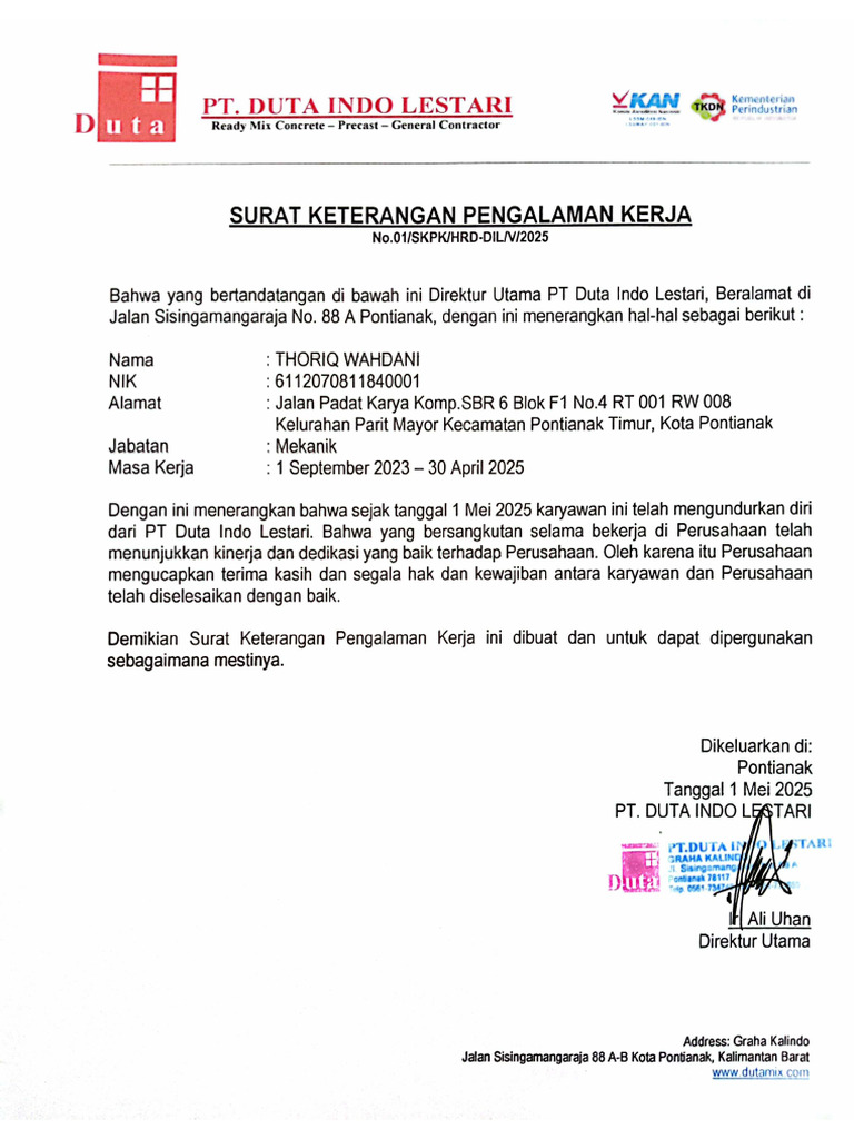 Pengalaman Kerja PT Duta Mix | PDF