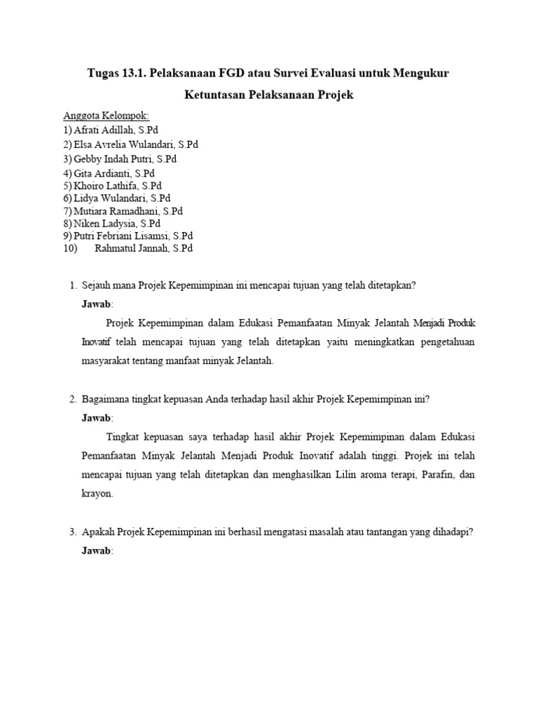 Tugas 13.1. Pelaksanaan FGD Atau Survey Evaluasi Untuk Mengukur ...