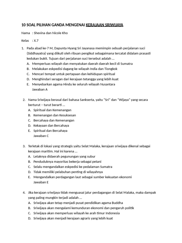 10 Soal Pilgan Kerajaan Sriwijaya&Kalingga | PDF