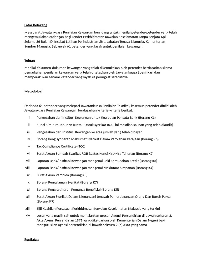 Template Laporan Ep JK Kewangan Tender PPK Bukit Katil | PDF