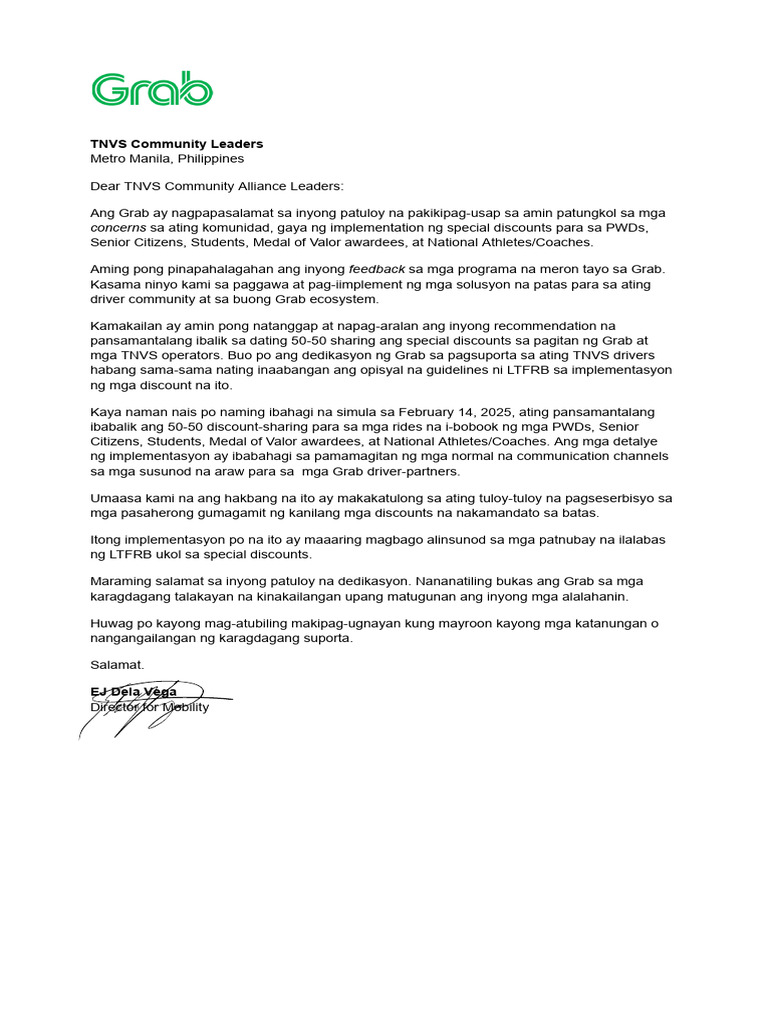 Grab Letter in Response To TNVS Community Leaders Request FINAL | PDF