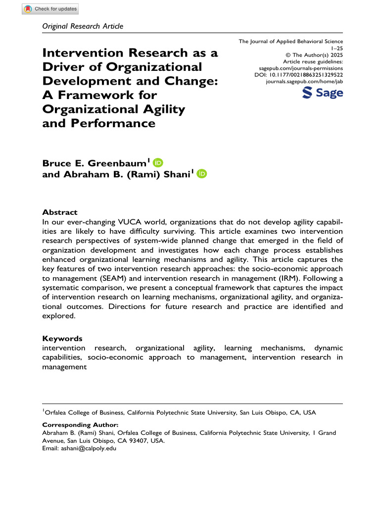 Greenbaum Shani 2025 Intervention Research As A Driver of Organizational Development and Change ...