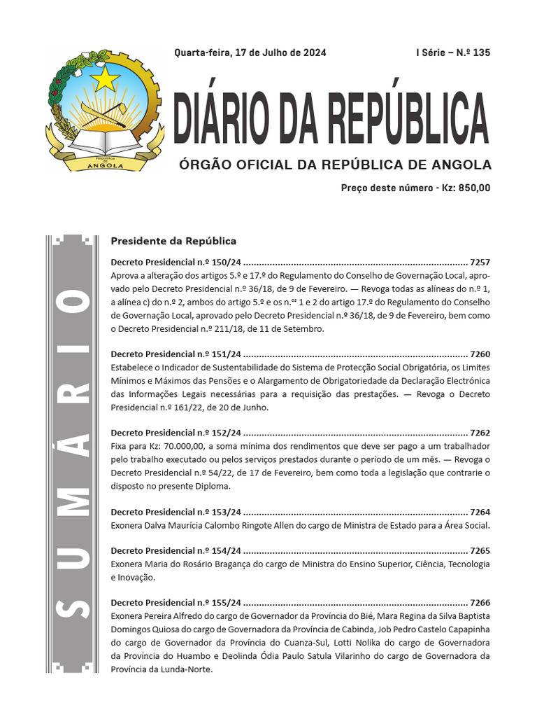 Decretos Presidenciais de Angola - Julho 2024 | PDF | República ...