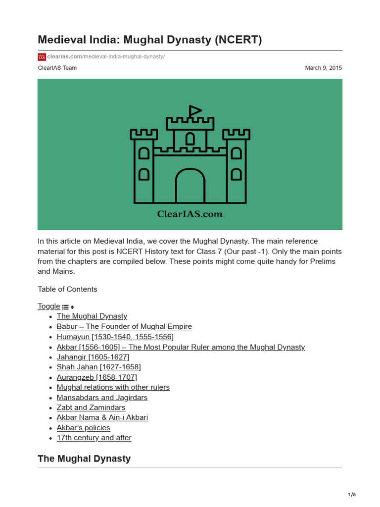 Medieval India Mughal Dynasty NCERT | PDF | Mughal Empire