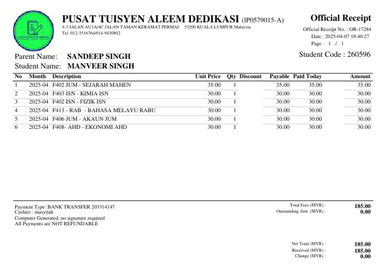 Official - Receipt MANVEER SINGH Apr'25 | PDF