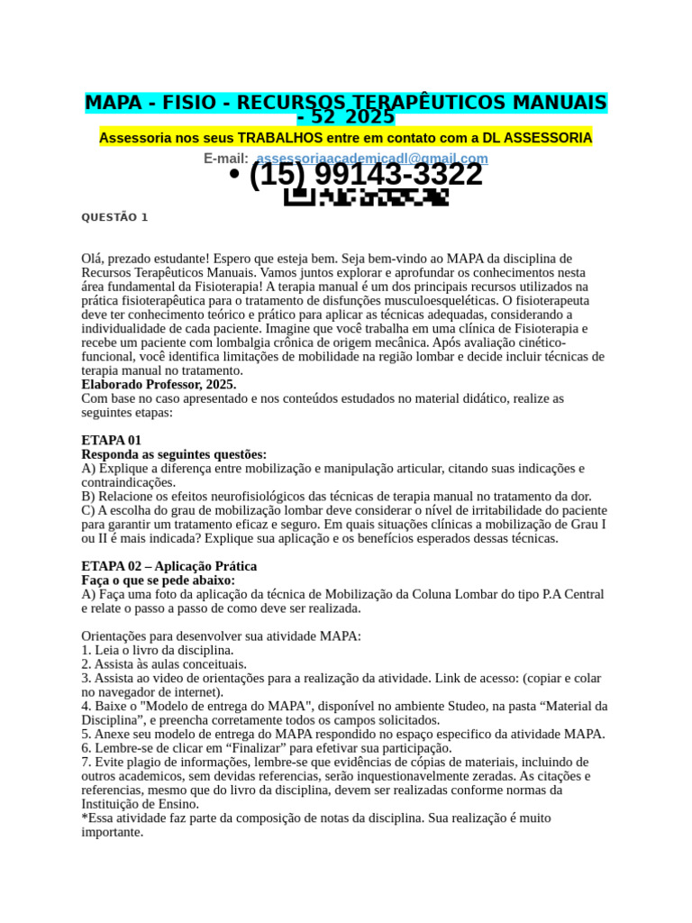 Mapa - Fisio - Recursos Terapêuticos Manuais - 52 - 2025 | PDF | Fisioterapia | Gestão da dor