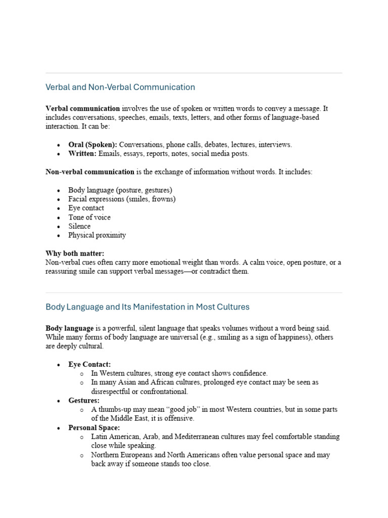 Unit 1 Verbal And Non Verbal Communication Pdf Nonverbal