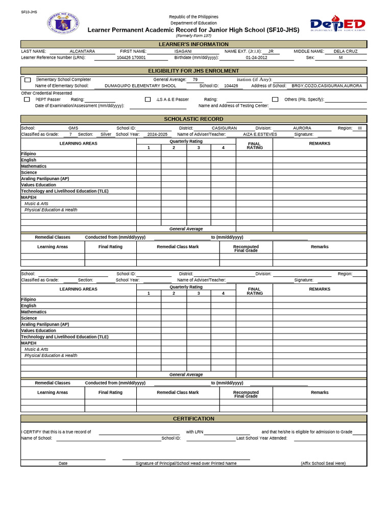 School Form 10 JHS Learners Academic Permanent Record | PDF