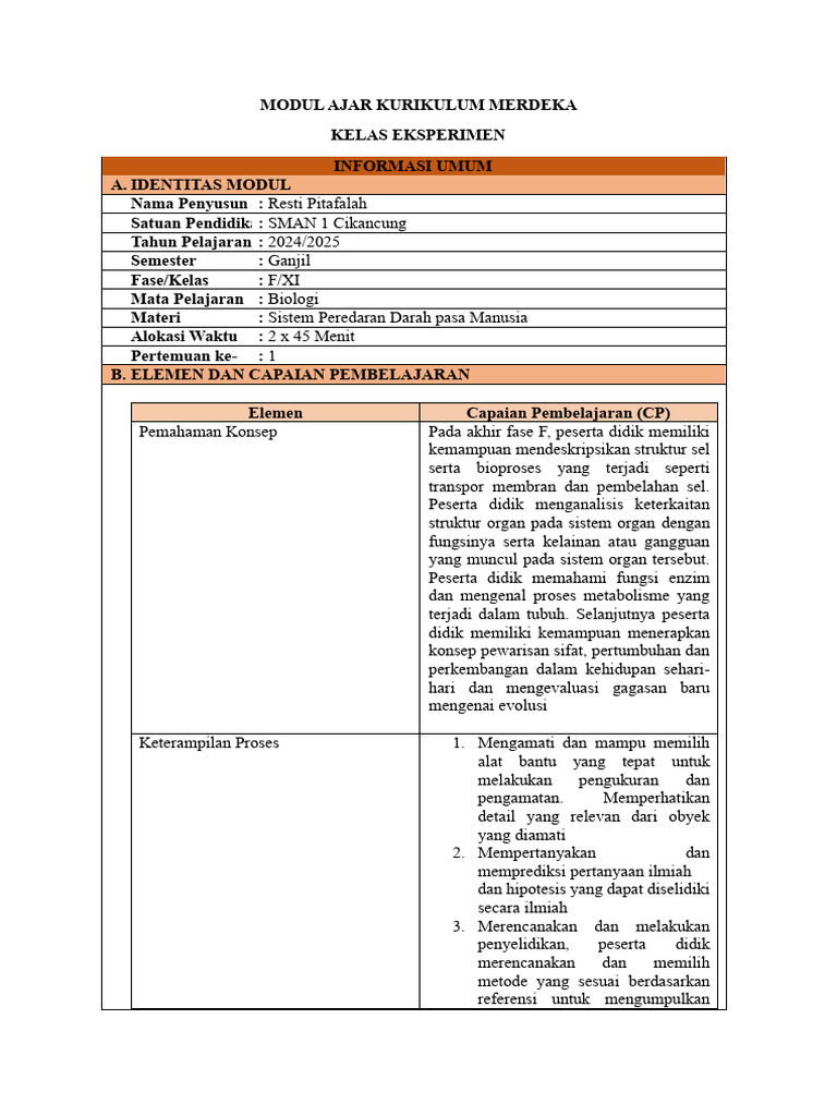 Modul Ajar Kurikulum Merdeka Sistem Peredaran Darah | PDF