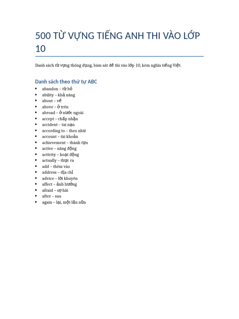 500 Tu Vung Thi Vao Lop 10 | PDF