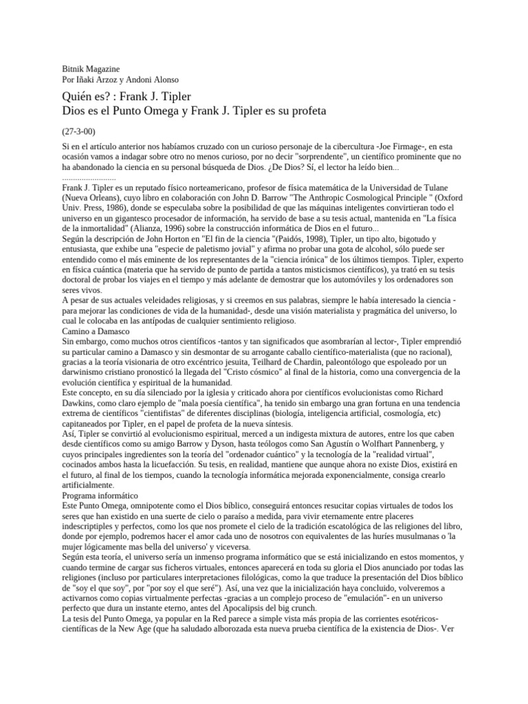 Dios Es El Punto Omega y Frank J. Tipler Es Su Profeta | PDF