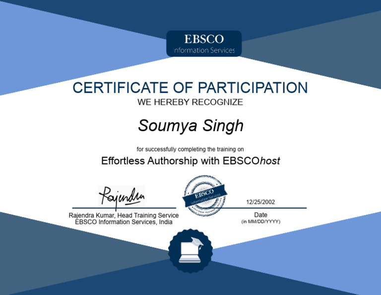 Certificate for Soumya Singh for _Certificate - EBSCOhost Too... | PDF