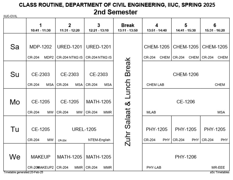 Semester 2 Spring 2025 Class Routine 20-02-2025 | PDF