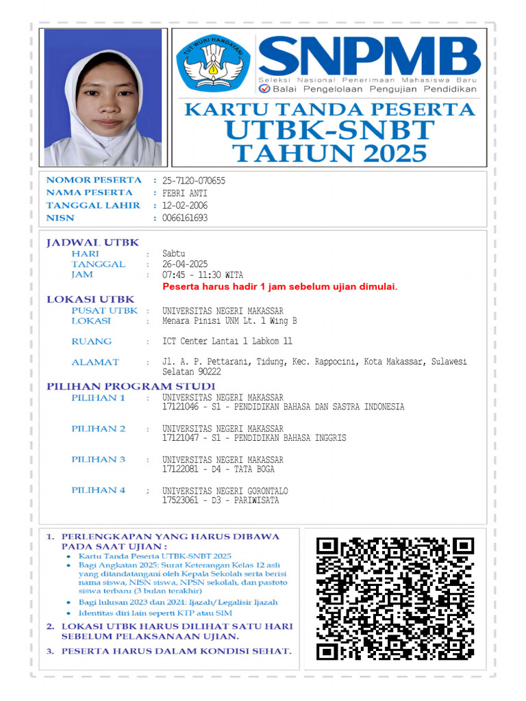 Kartu Peserta UTBK - 257120070655 | PDF